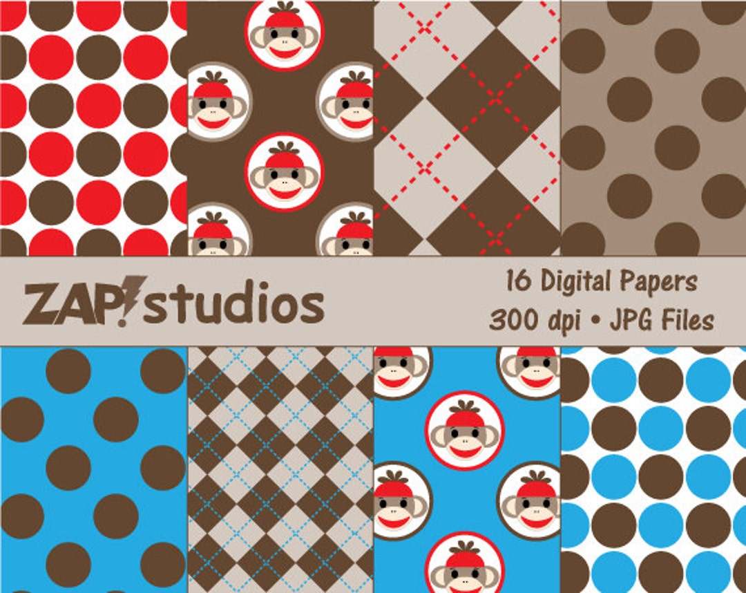 Sock Monkey Digital Paper, Sock Monkey Paper Pack Crafting, Printable ...