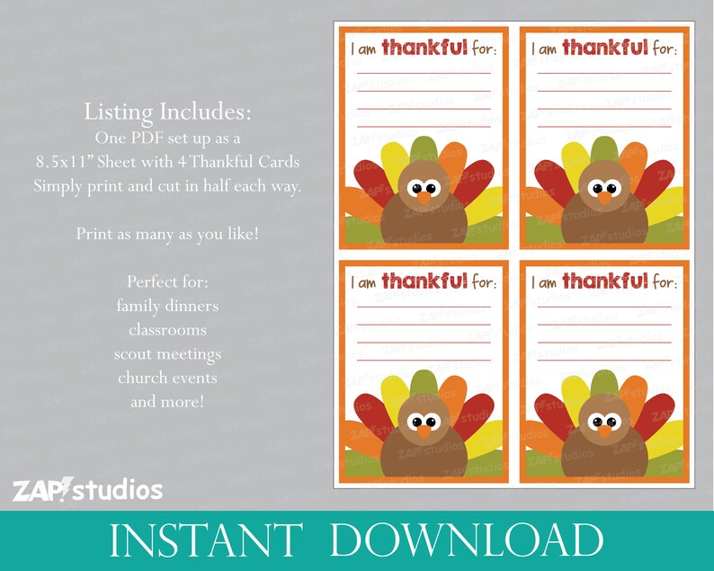 Printable Turkey Thankful Cards, Kids Thanksgiving Activity (PDF) - Etsy