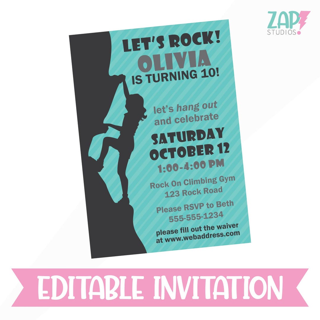Rock Climbing Party Invite, Girl Birthday Party Invitation, Rock ...