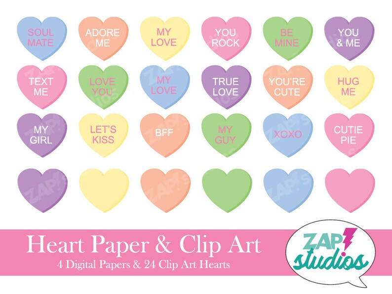 Candy Heart Clip Art Conversation Heart Paper Pack - Etsy