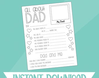 All About My Dad Father's Day Gift, Fill in the Blank Questionnaire ...