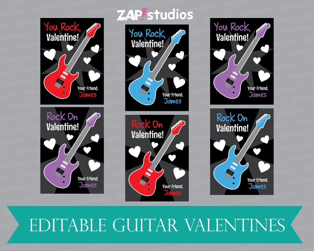 Editable Guitar Valentine Cards: Rock Star Printable (PDF) - Etsy