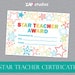 Printable Teacher Appreciation, Star Teacher Award, Teacher Certificate ...