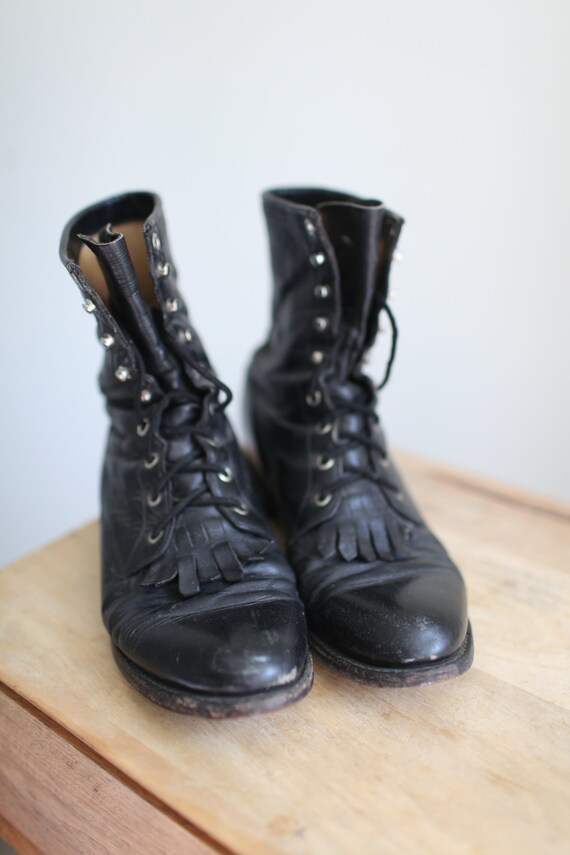 vintage 80s justin black leather ankle roper boots l… - Gem