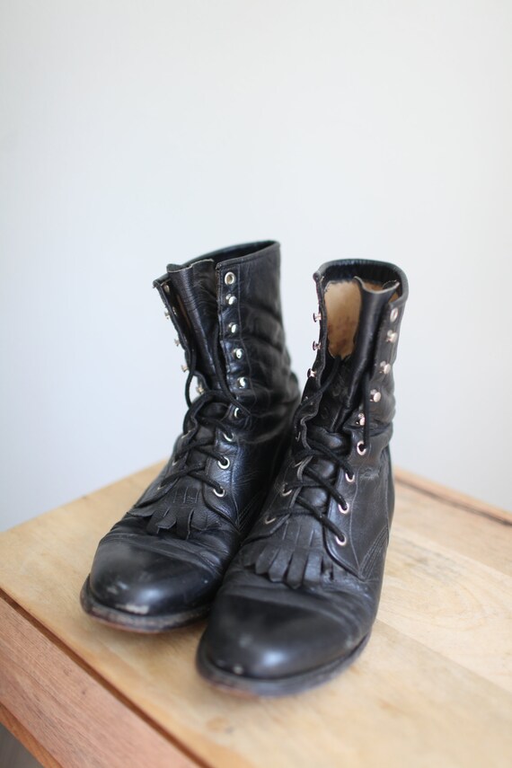 vintage 80s justin black leather ankle roper boots l… - Gem