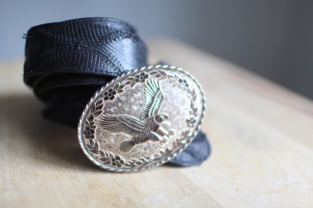 Vintage 70s Silver Hawk Buckle Patch Black Justin Leather Belt 36 38 - Etsy