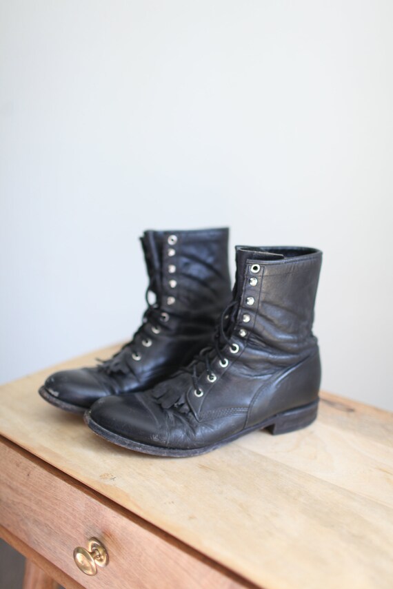vintage 80s justin black leather ankle roper boots l… - Gem