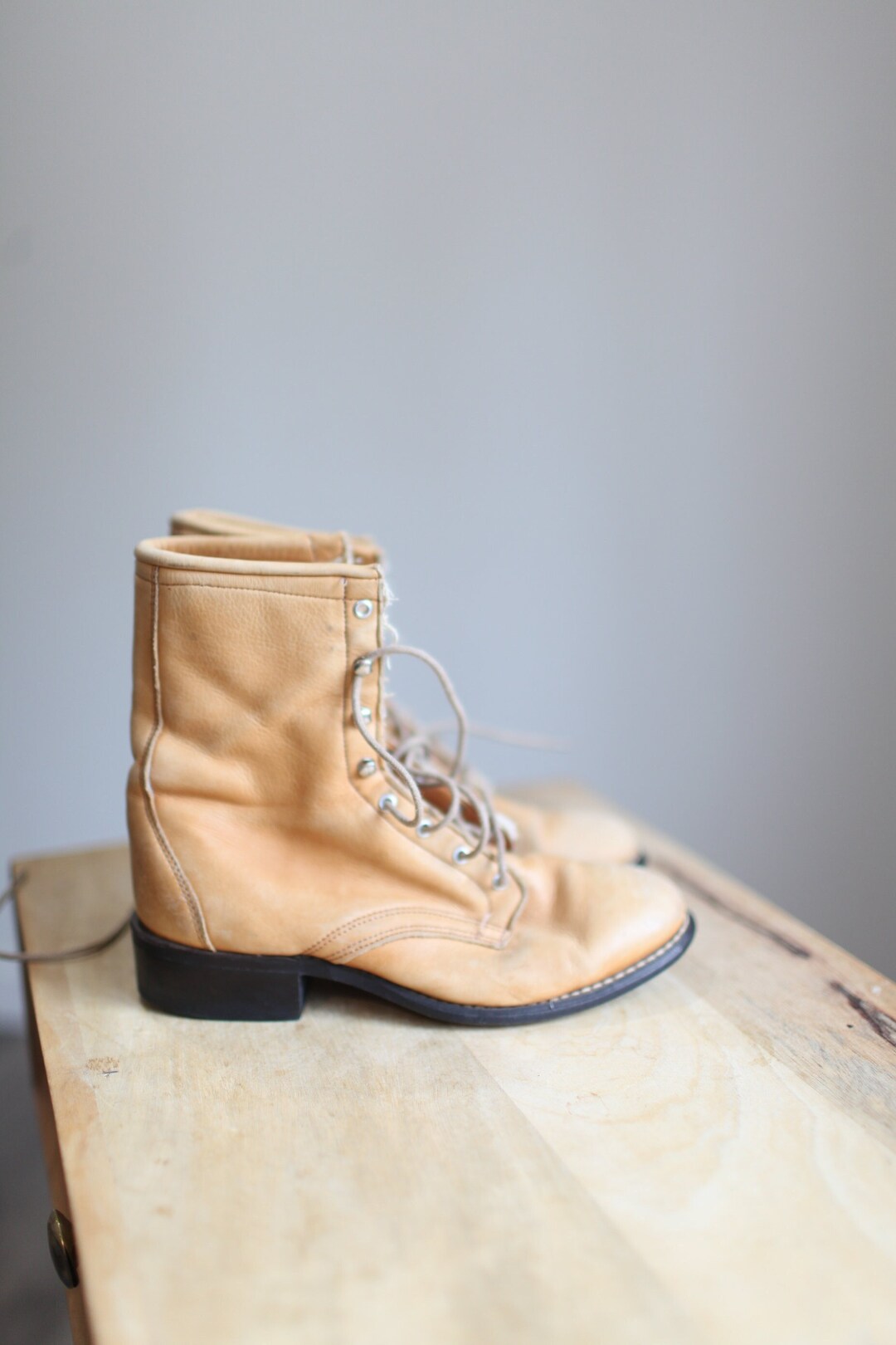 Vintage 80s Laredo Tan Leather Ankle Roper Boots Lace up Womens 6 1/2 ...