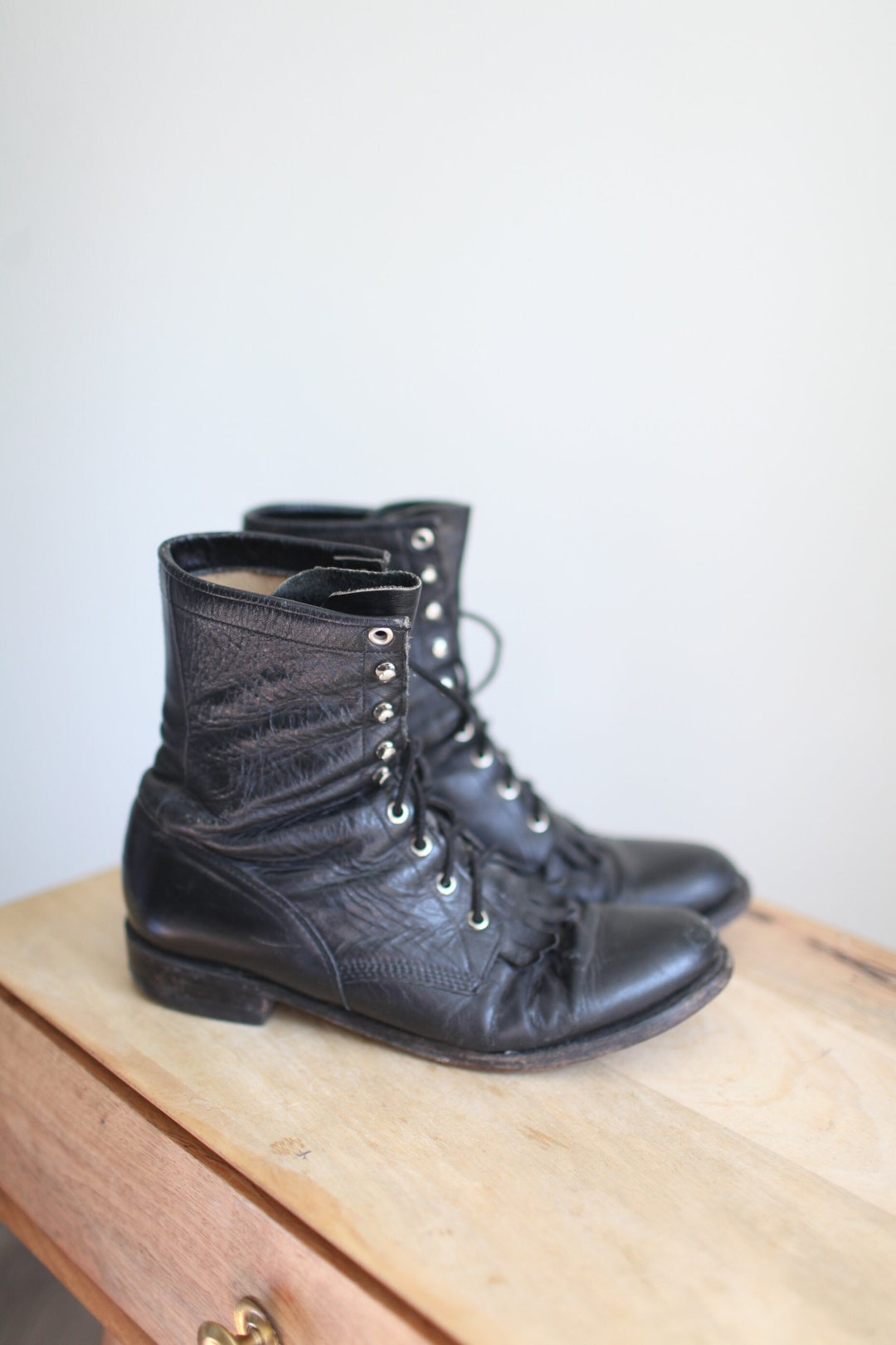 Vintage 80s Justin Black Leather Ankle Roper Boots Lace up M8.5 / W10 ...