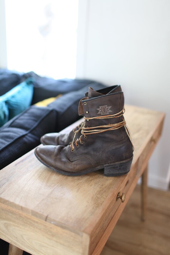 Vintage brown leather ankle roper boots lace up mens 12 | Etsy