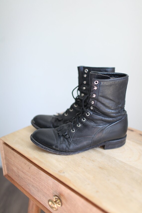 vintage 80s justin black leather ankle roper boots l… - Gem