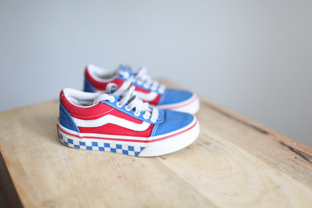 Vintage VANS Classic Rted White Blue Check Canvas Leather Sneakers Kids ...