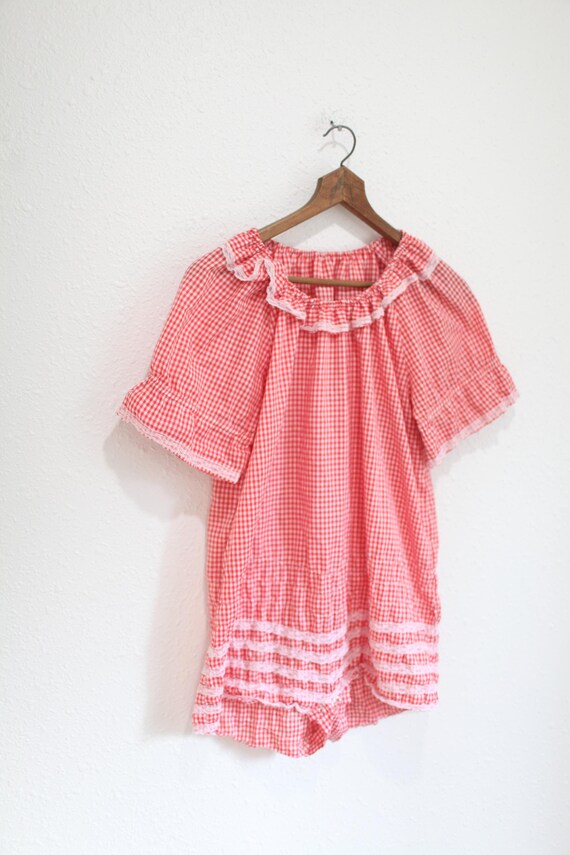 vintage 70s red & white gingham ruffle romper bloome… - Gem