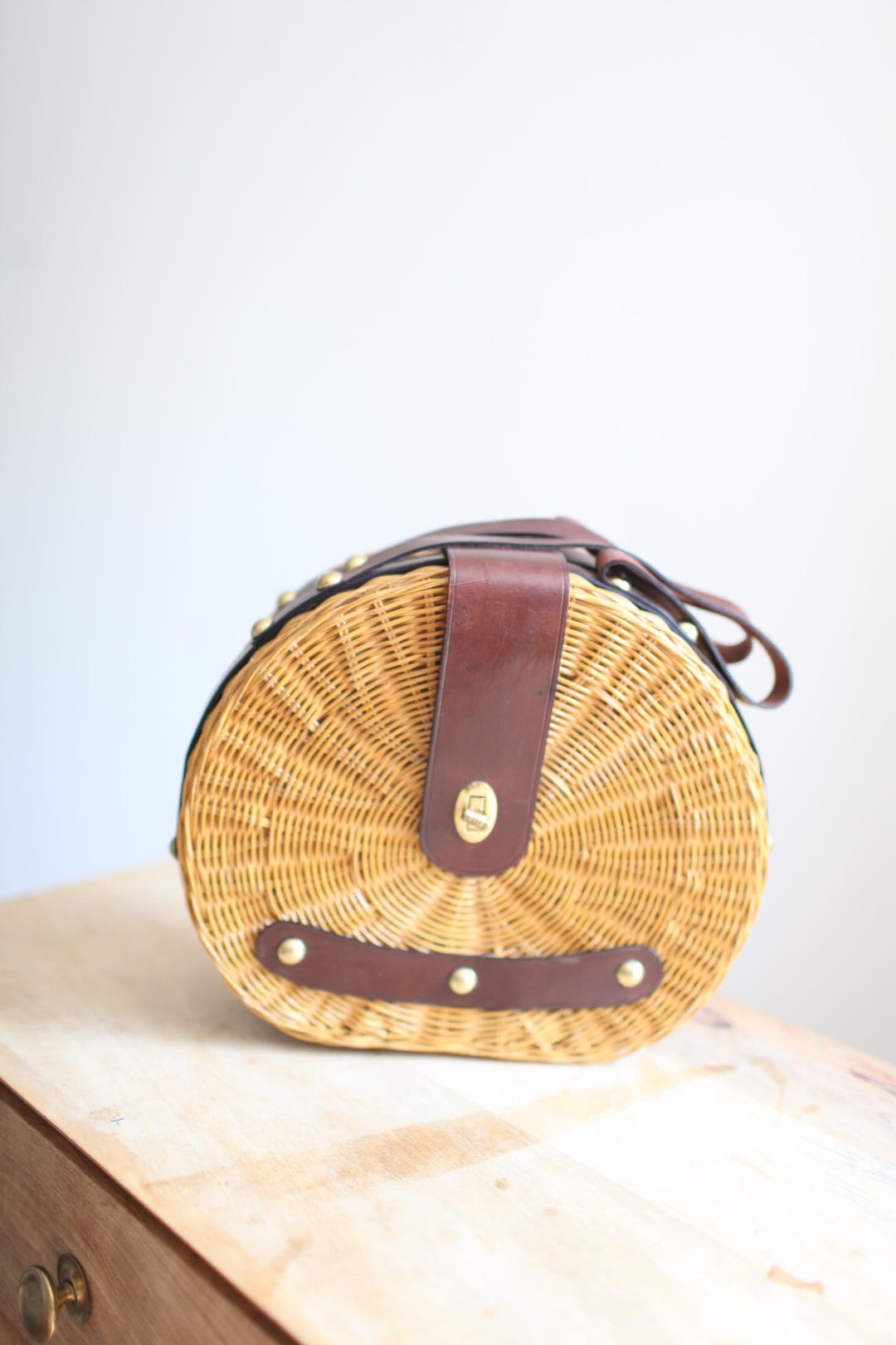 Vintage Round Wicker Rattan Leather Hand Bag Purse - Etsy