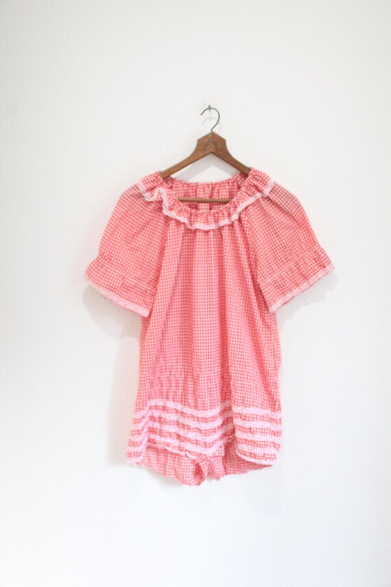 vintage 70s red & white gingham ruffle romper bloome… - Gem