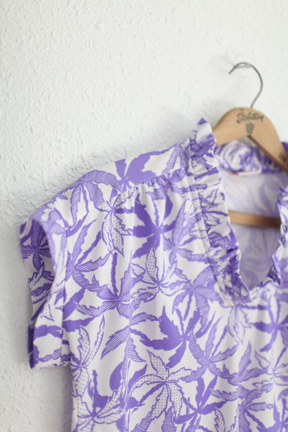 vintage 70s purple & white palm tree ruffle tunic to… - Gem