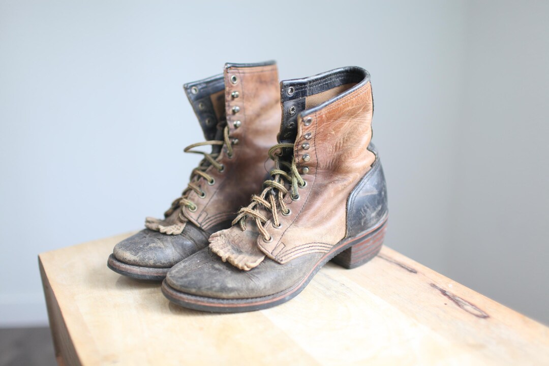 Vintage 90s Black & Tan Leather Fringe Ankle Roper Boots Lace up Womens ...