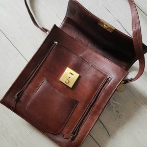 Vintage Dark Tan Brown Leather Satchel Bag With Front Pocket Mini ...