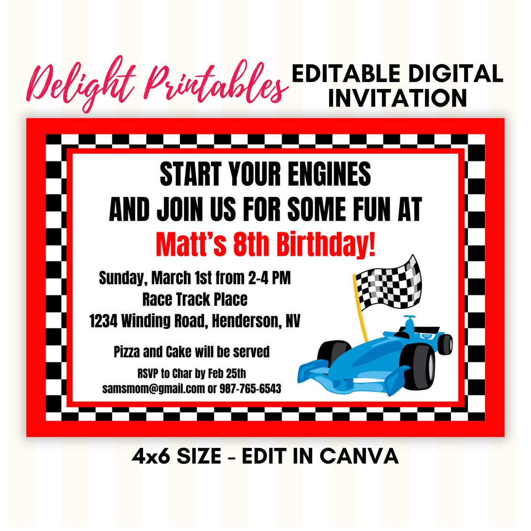 Racing Car Birthday Invite, Race Track Birthday Invitation, Red, Black ...