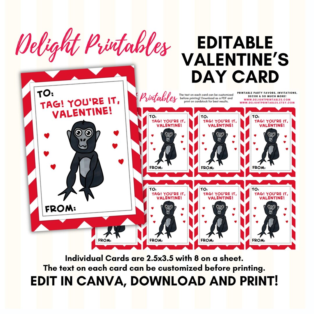 Gorilla Valentine's Day Printable Mini Cards DIY Editable Canva ...