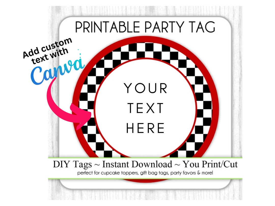 Race Car Party Printable Tag, Customize in Canva, Checkered Party Tag ...