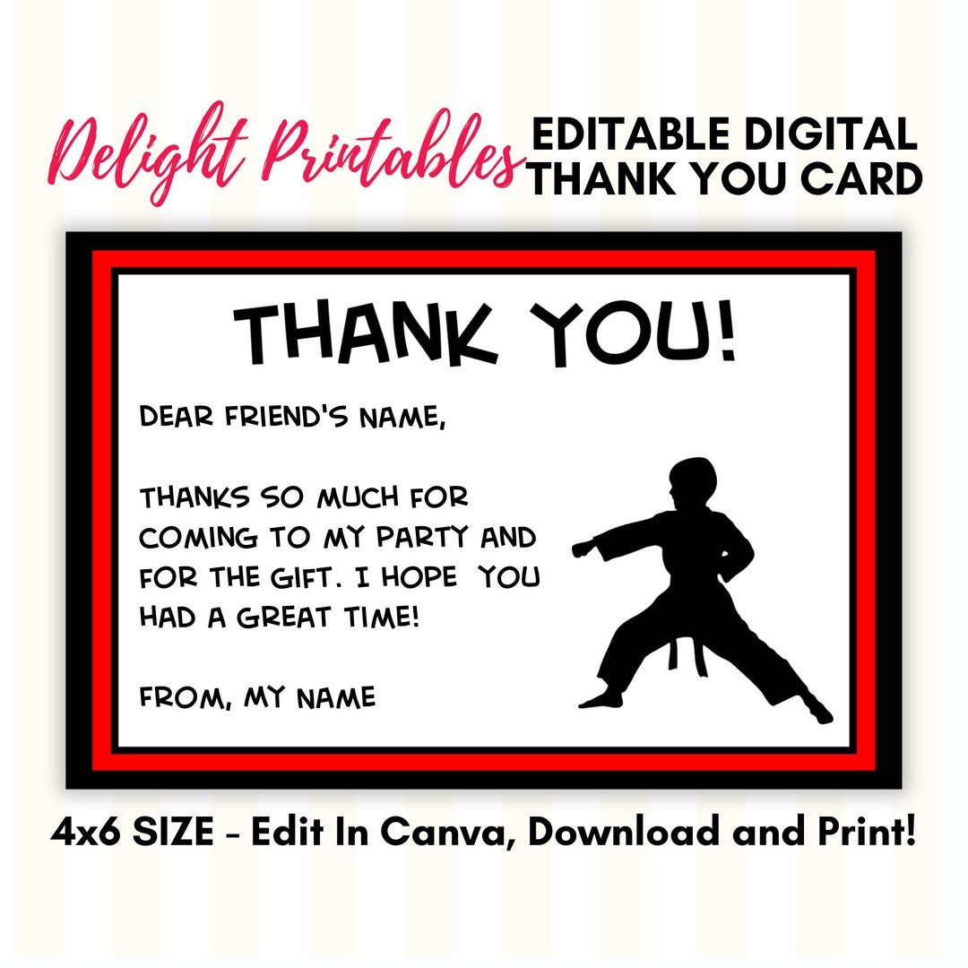 Karate Boy 4x6 Thank You Card, Printable DIY, You Print, You Cut ...