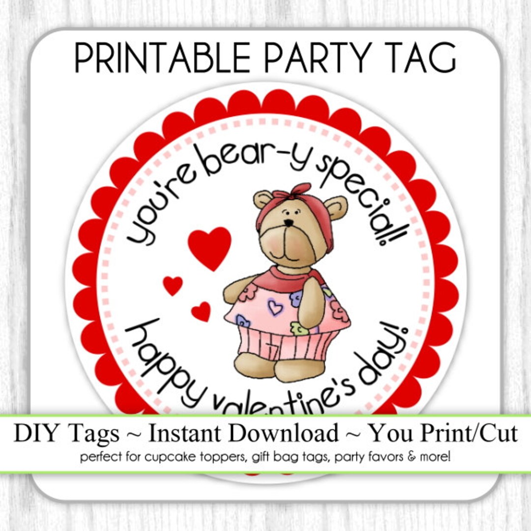 Instant Download - Valentine's Day Printable Party Tags, Valentine Bear ...