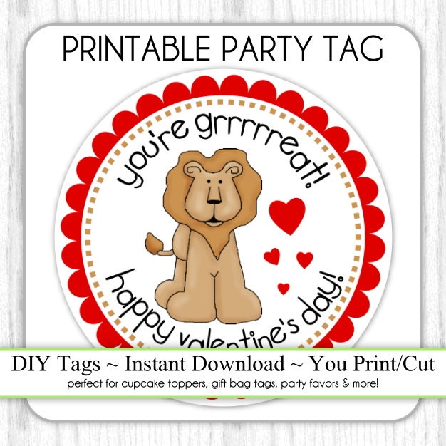 Instant Download - Valentine's Day Printable Party Tags, Valentine Lion ...
