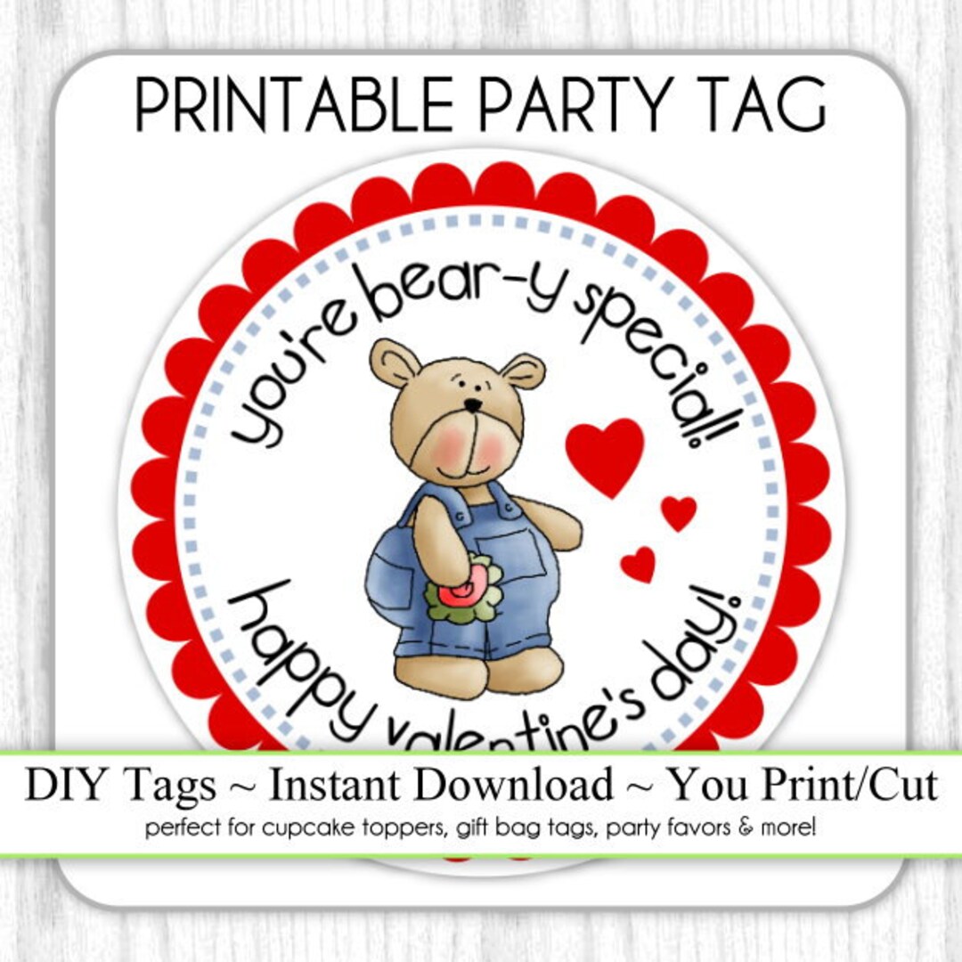 Instant Download - Valentine's Day Printable Party Tags, Valentine Bear ...