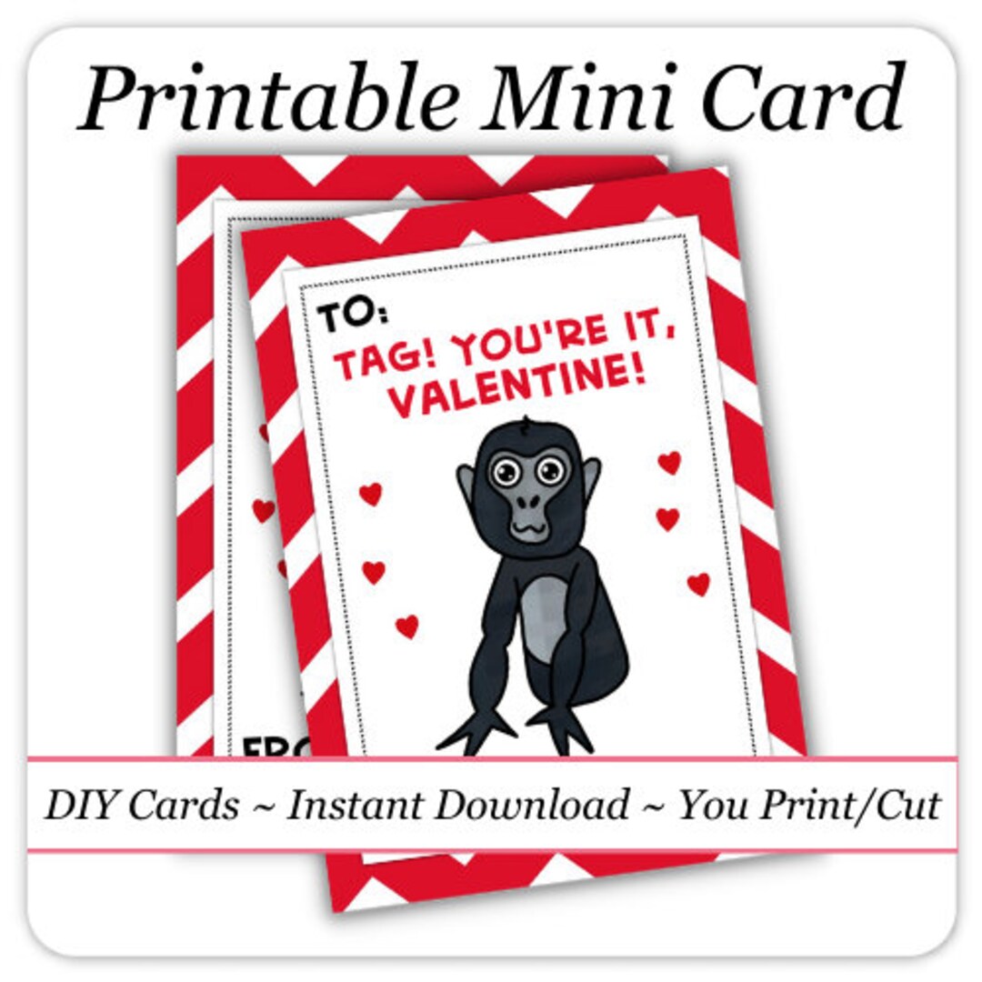 Fun Gorilla Valentine's Day Printable Cards, Valentine Mini Cards, DIY ...