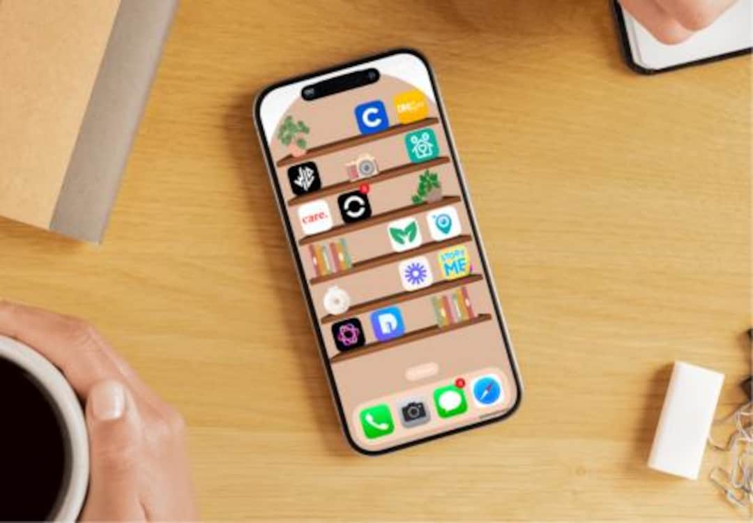 Cozy Earthy Tones Ios 18 Bookshelf Wallpaper Background - Etsy