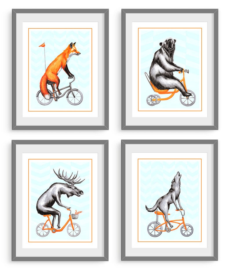 Moose bear and fox riding their bicycle forest animals | Etsy