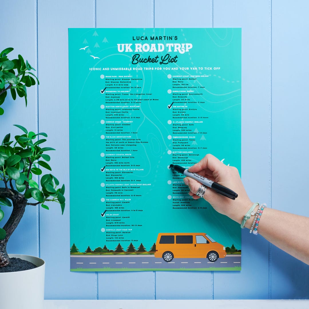 Personalised Road Trip Bucket List Poster, Camper-van Adventure Map ...