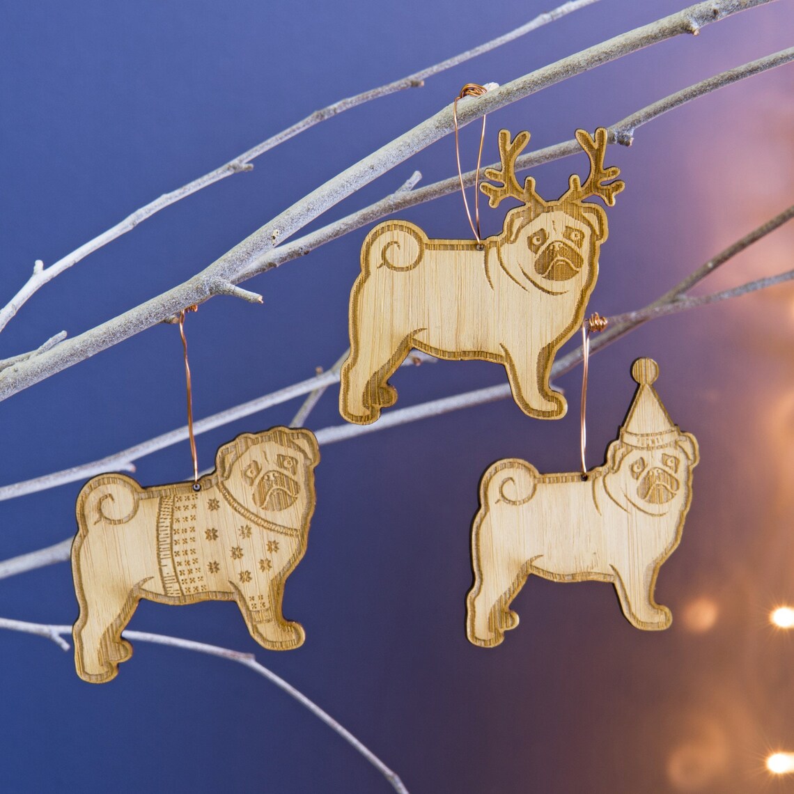 Christmas Pugs Bamboo Tree Decorations - Etsy