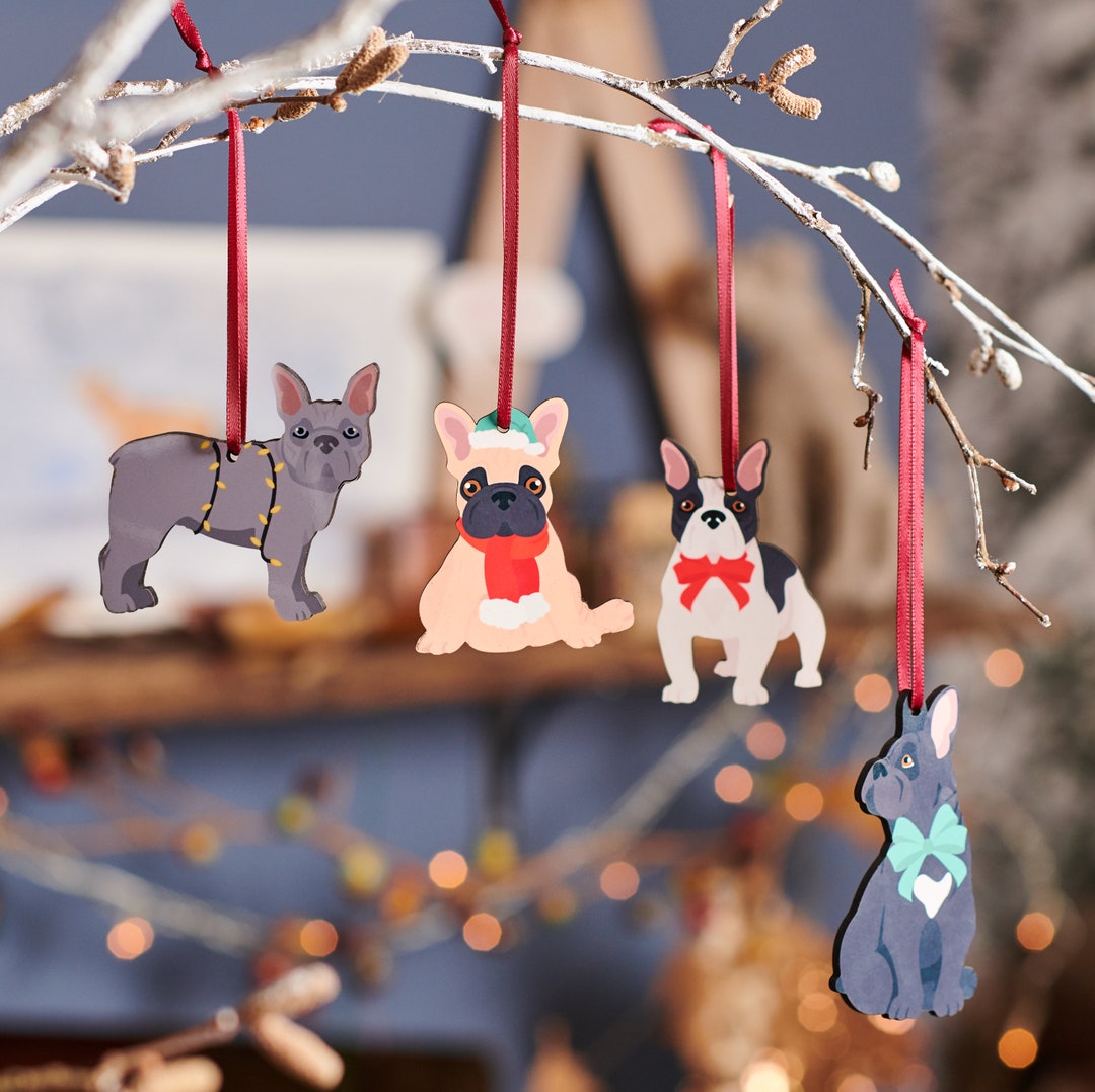 Frenchie Christmas Decorations - Set of 4 Festive Bulldog Ornaments for ...