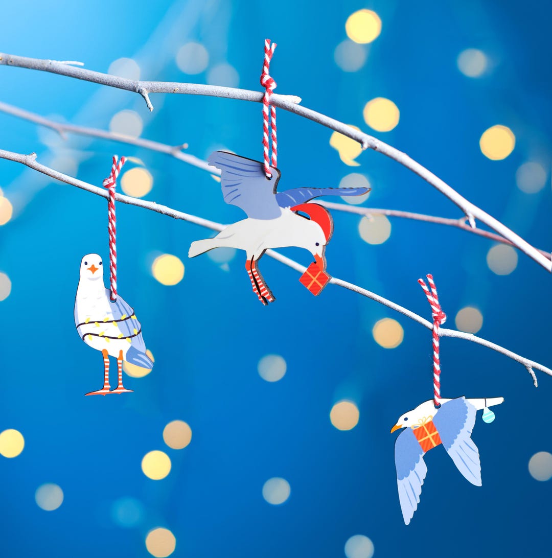 Set of Three Festive Seagull Christmas Decorations - Coastal Tree Decor ...