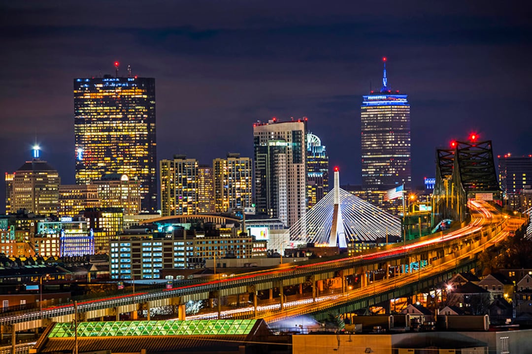 The Boston Skline, Lenny Zakim Bridge, Tobin Bridge, Prudential ...