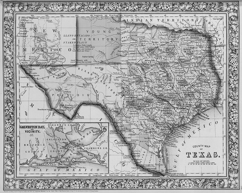 19th Century County Map of Texas Print Reproduction, Texas Map, Sepia ...