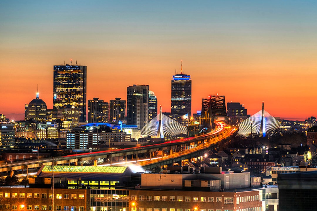 The Boston Skyline Sunset, Lenny Zakim Bridge, Tobin Bridge, Prudential ...
