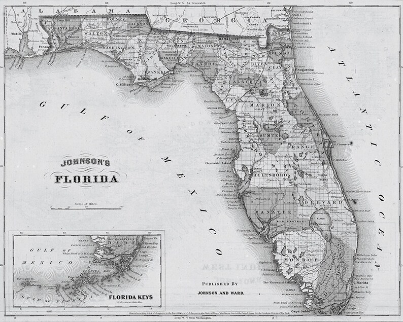 19th Century Map of Florida, Florida Map Print Reproduction, Sepia ...