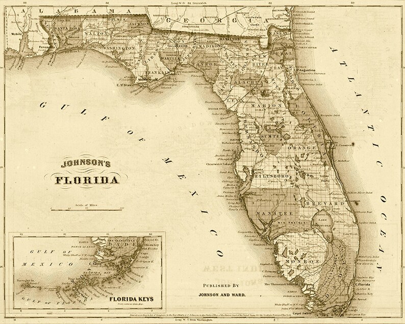19th Century Map of Florida, Florida Map Print Reproduction, Sepia ...