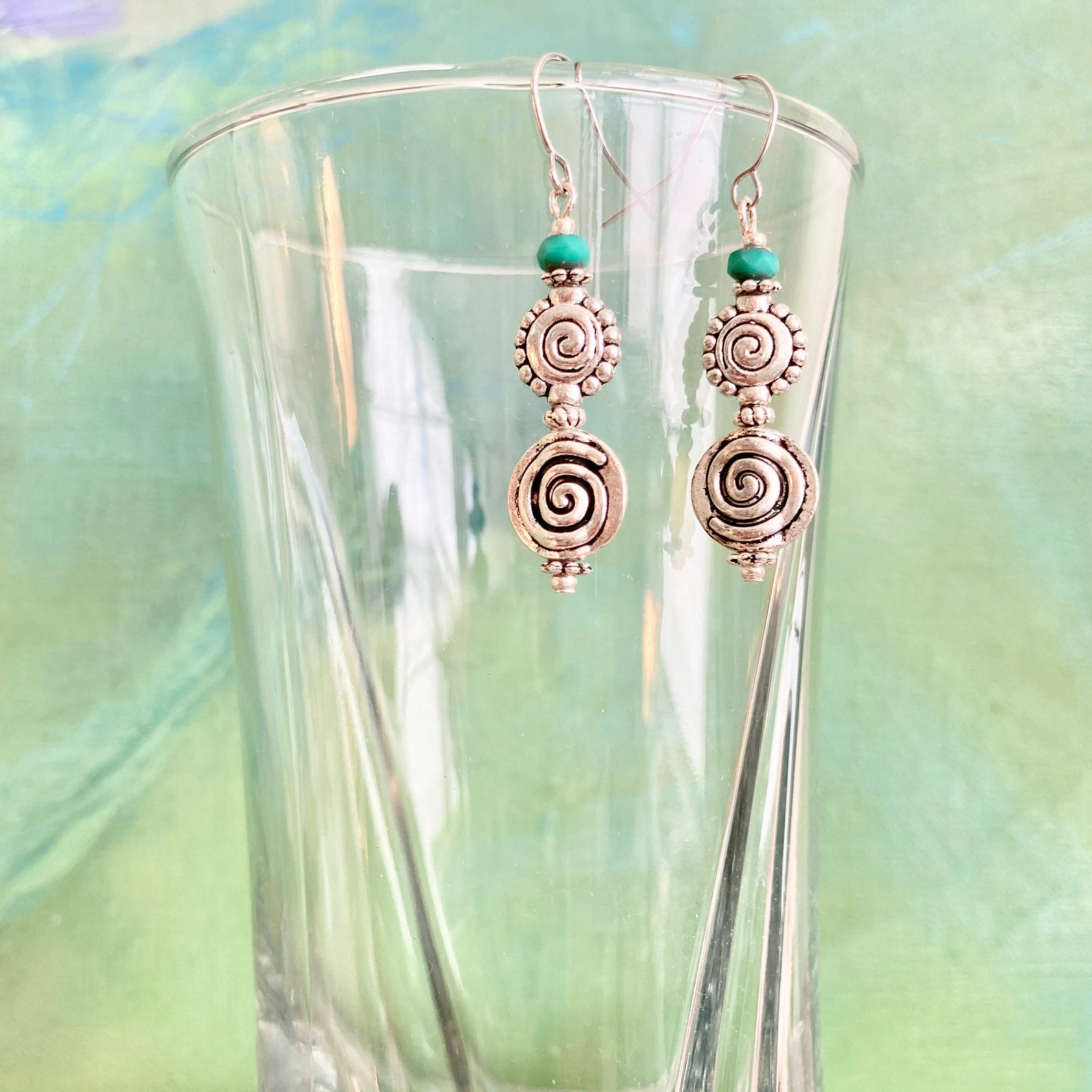 Modern Turquoise Czech Picasso Crystal & Tibetan Silver Spiral | Etsy