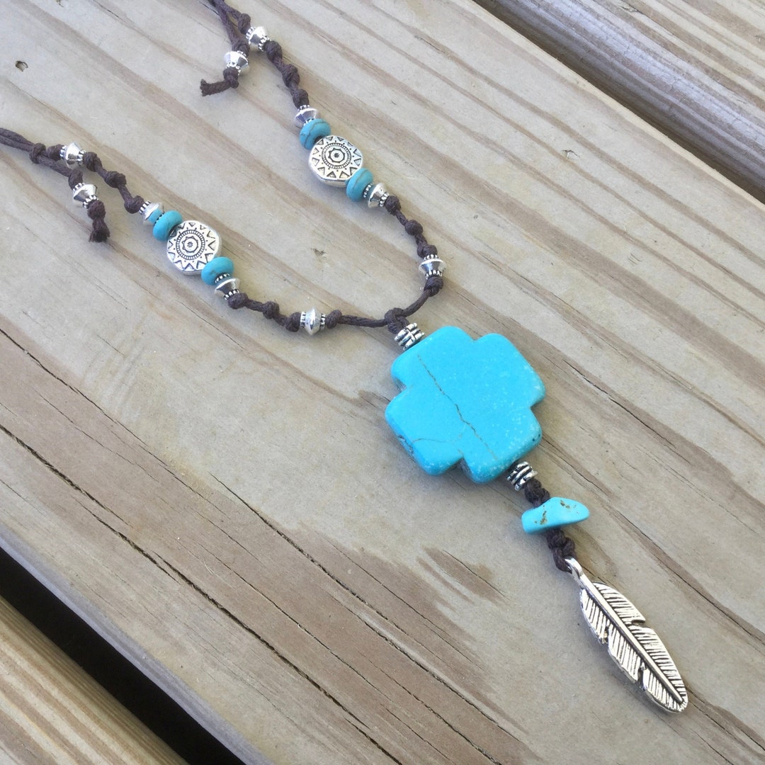 Southwest Sundance Style Turquoise & Tibetan Silver Cross Feather Sun ...