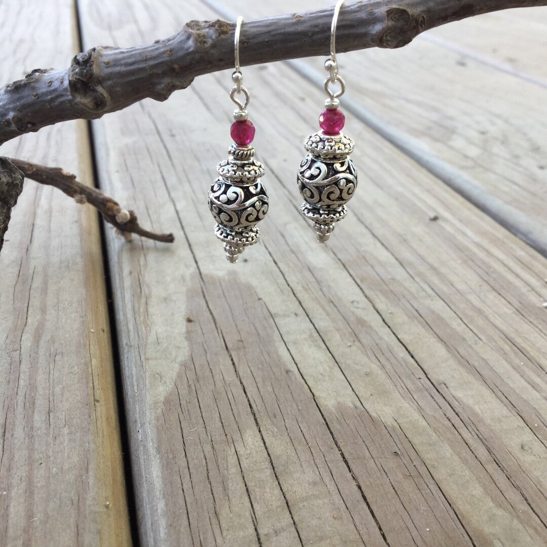Bold Brazilian Ruby & Tibetan Silver Filigree Bead Dangle Drop Earrings ...