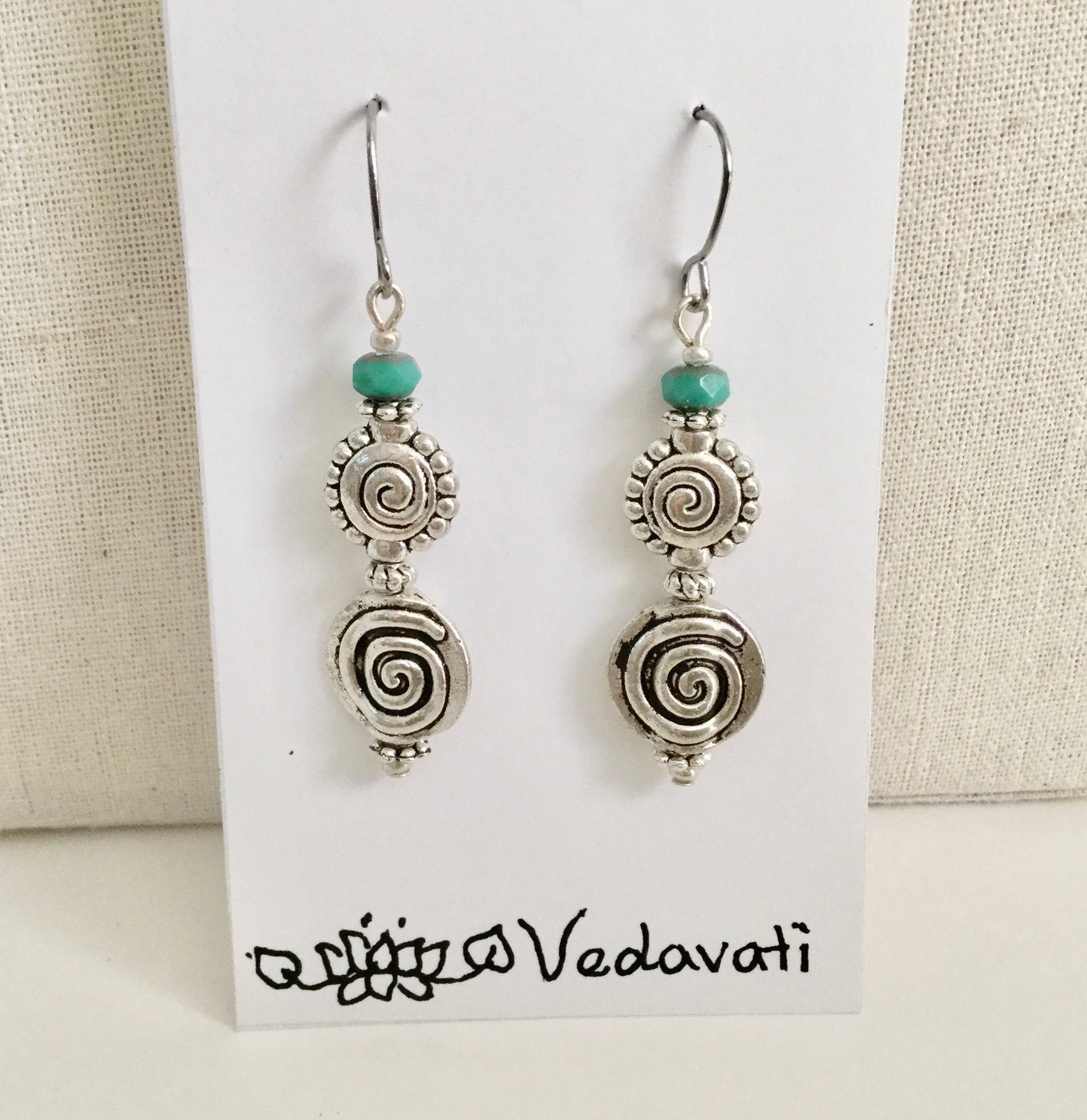 Modern Turquoise Czech Picasso Crystal & Tibetan Silver Spiral | Etsy