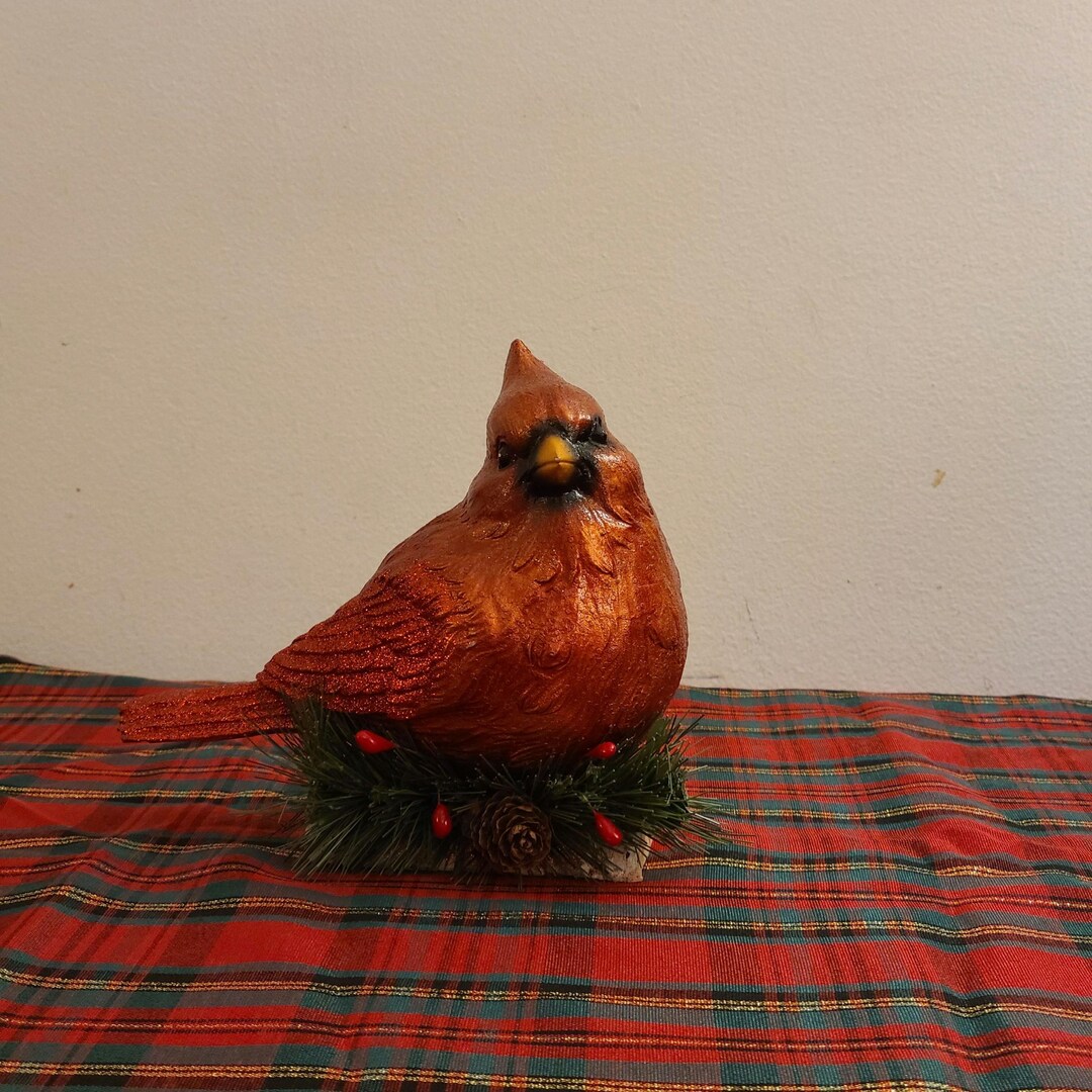 Large Red Metallic Cardinal on Branch Christmas Figurine - Pine Cones ...