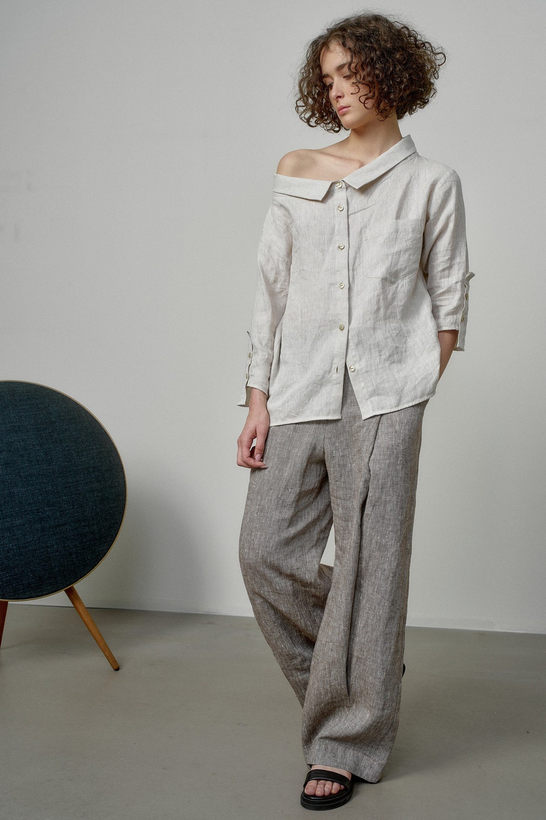 Sand-colored Linen Shirt With Wide Collar and 7/8 Sleeves Aryasense ...
