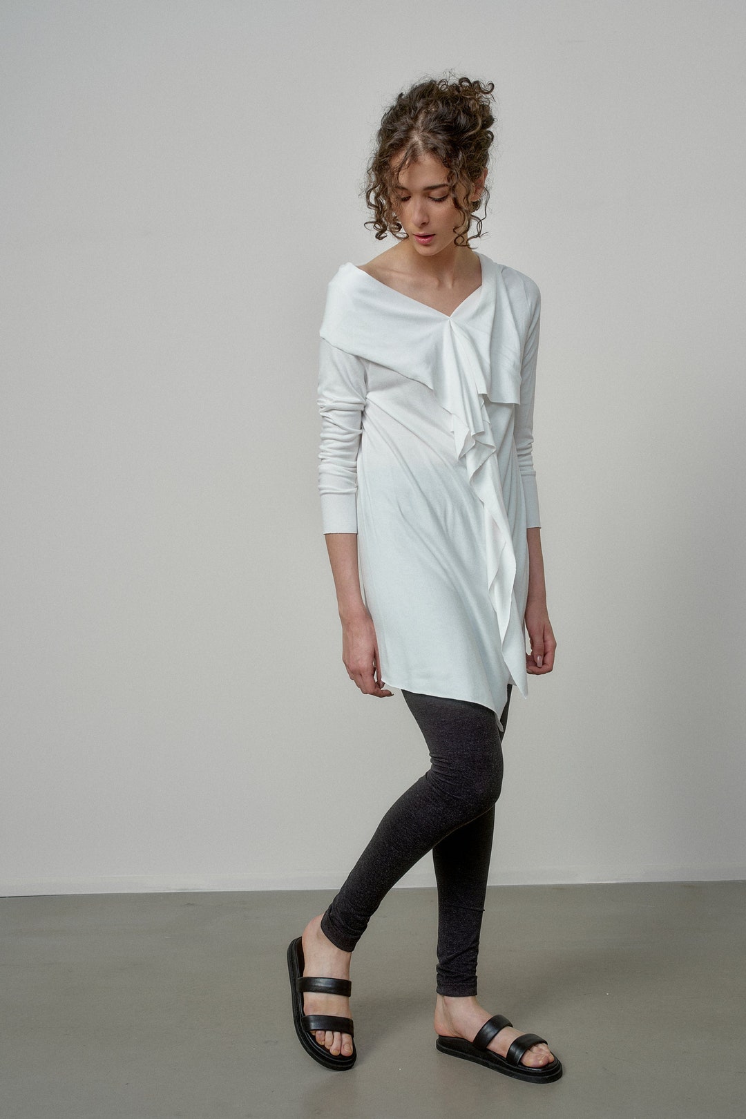 Off White Elegant Soft Knit Tunic With Draped Front and Raw Edges by ...