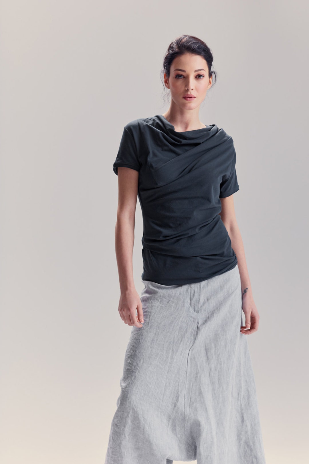 Handmade Muted Blue Cotton Drape Top: Asymmetric Short Sleeve Blouse - Etsy