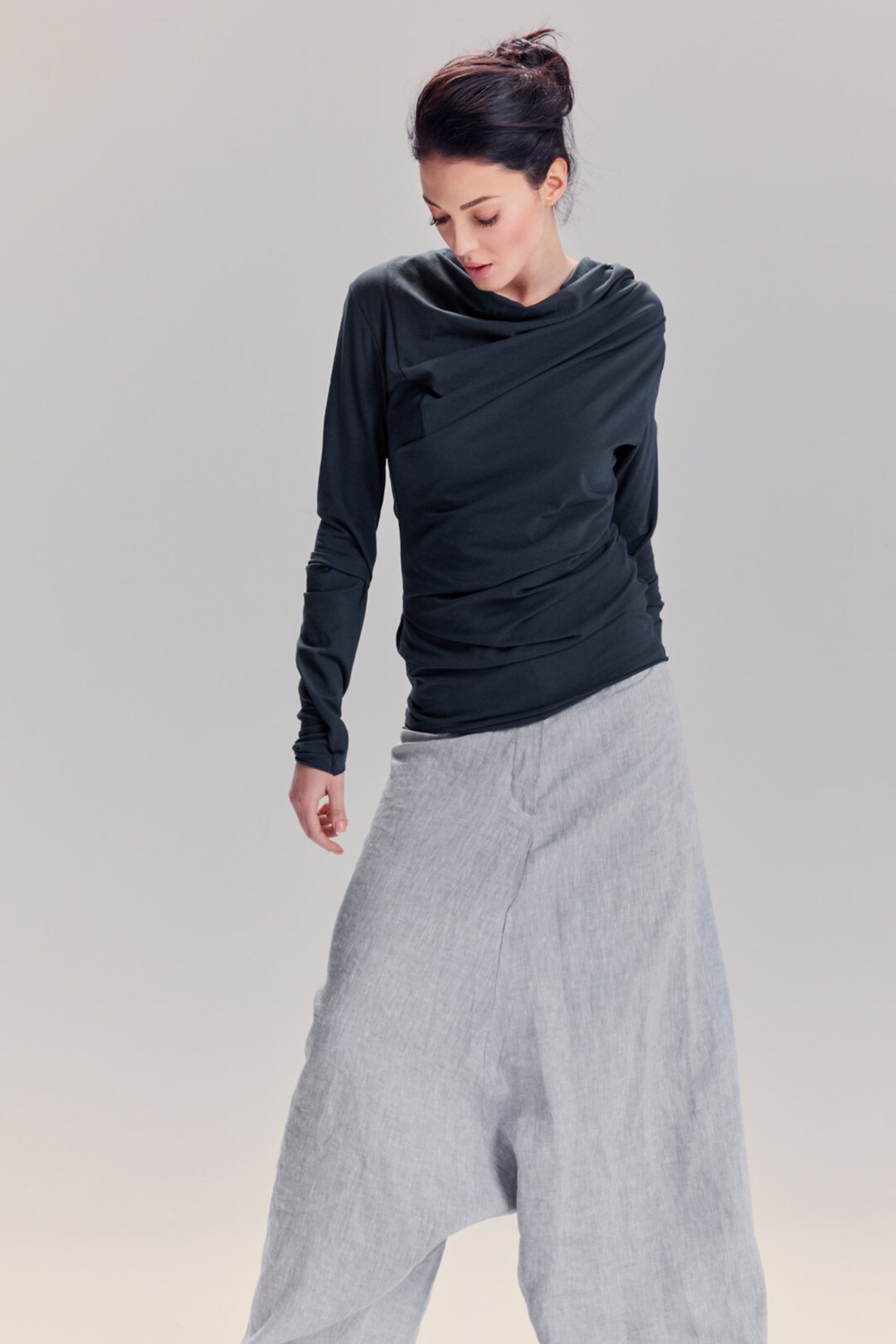 Muted Blue Asymmetrical Top: Long Sleeve Draped Blouse - Etsy